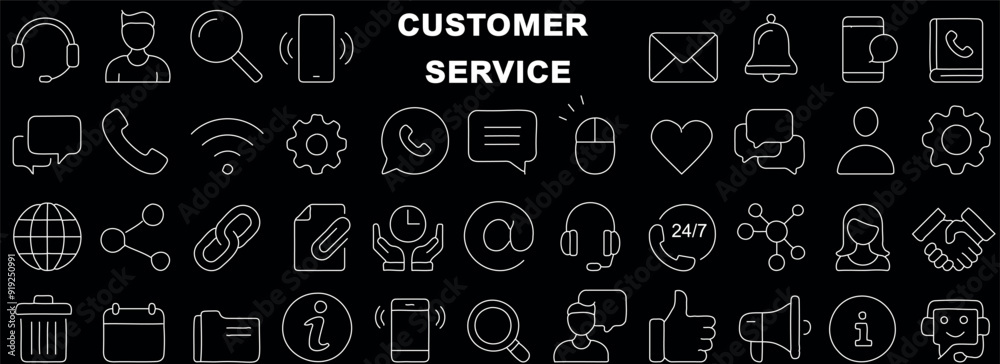 Customer service icons, communication symbols, support tools, hotline ...