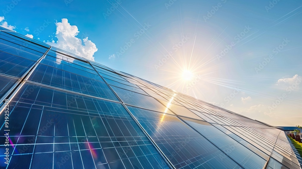 Solar panels are installed on the roof of the building to receive ...