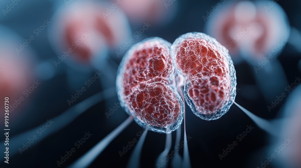 Digital artwork depicts kidneys with a glowing red and white color ...