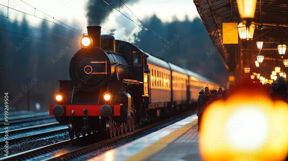 A detailed image of a train station at dusk, with an old steam ...