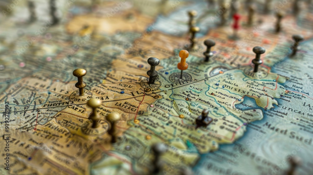 Close-up of a detailed map with travel pins and annotations ...