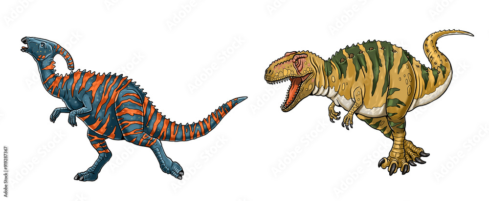 Dinosaur hunting. Giganotosaurus attacking the Parasaurolophus. Colored ...