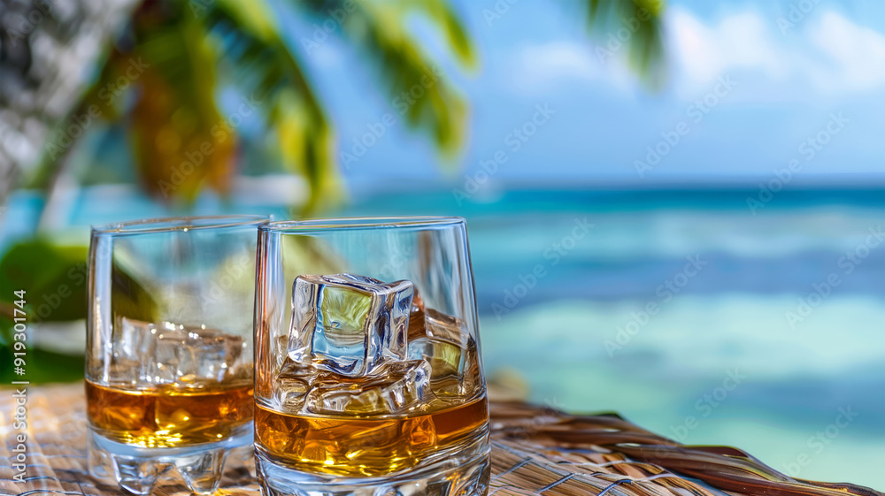 Two glasses of rum or whiskey on the bar counter of a beach restaurant ...