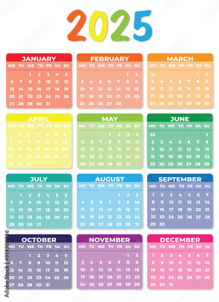 2025 Monday Start Portrait Color Calendar. 2025 Monday Start Vertical ...