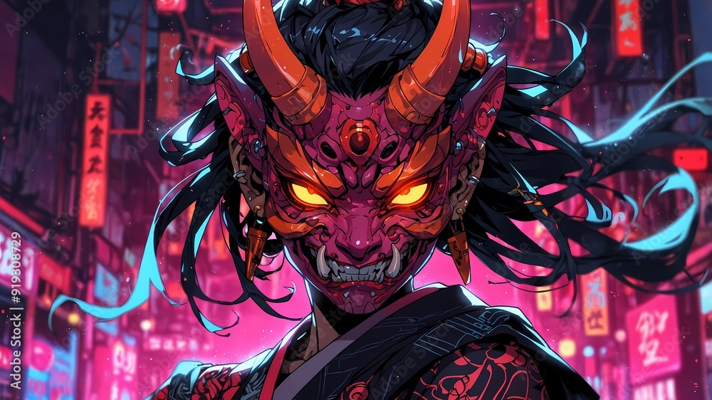 Cyberpunk Anime Character with Oni Mask: A Fusion of Japanese Folklore ...