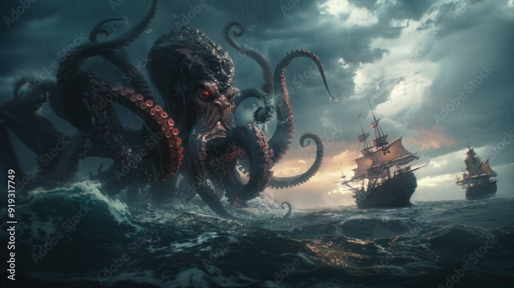 Terrifyingly huge as a sea creature octopus ship, the kraken tries to sink a huge pirate ship ...