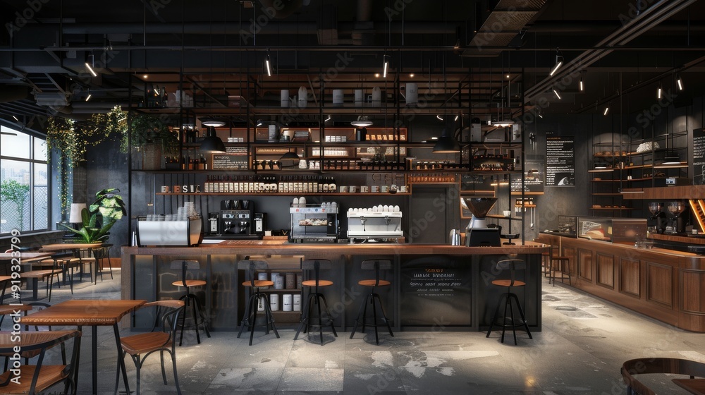 A contemporary cafe with loft-style interior, incorporating dark hues ...