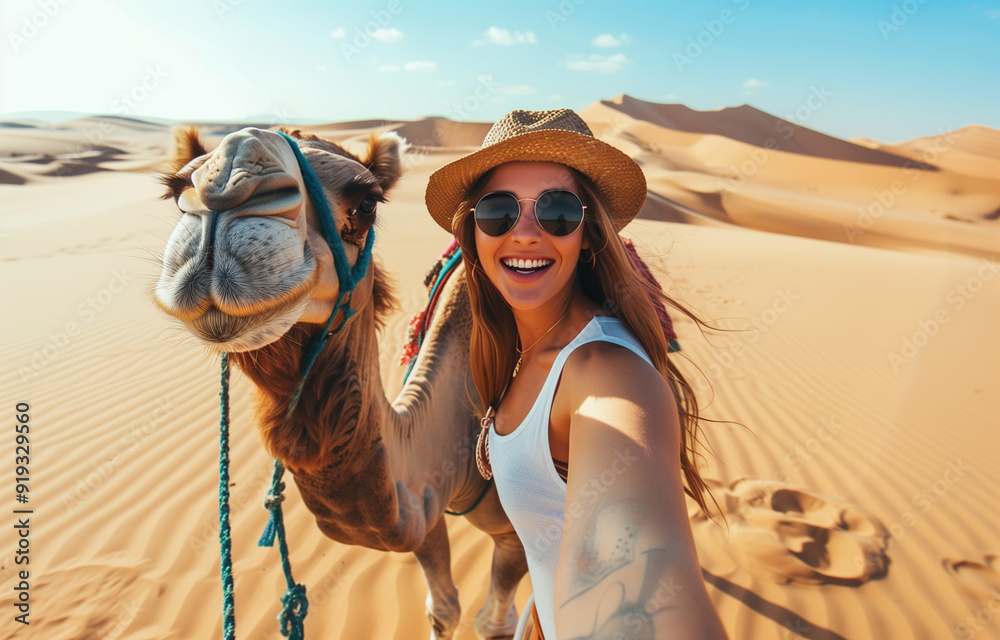 Camel in desert.White American European millenial blon woman wearing ...