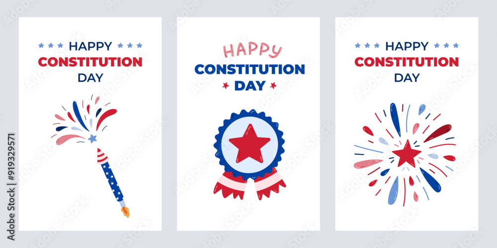 Set of minimalistic cards for Happy Constitution Day of USA with cartoon illustration of ...