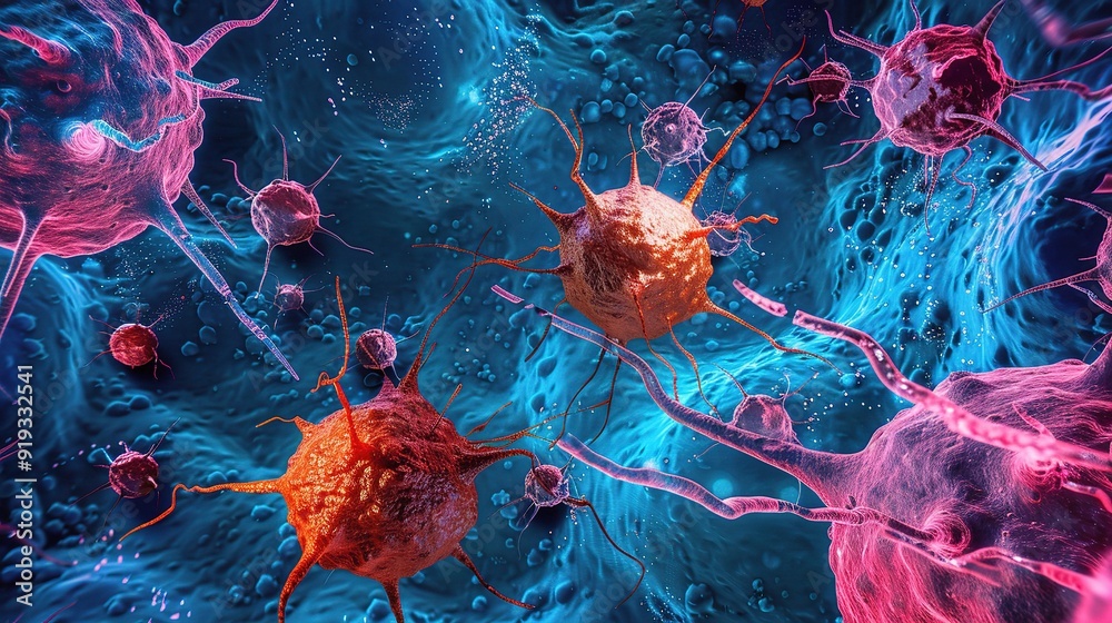 Medical Illustration of Cancer Tumor Markers in Blood Sample, Depicting ...