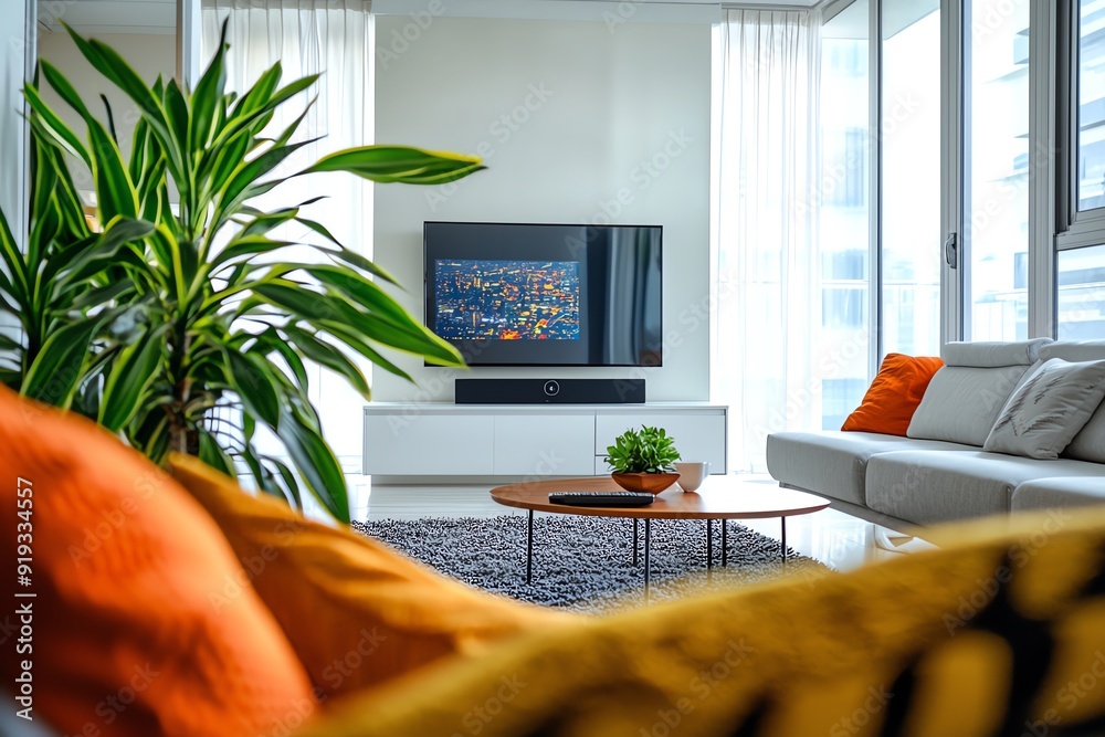 Modern living room featuring a stylish couch, vibrant cushions, and a ...