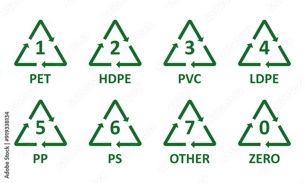 Vector icons plastic recycling codes. Green symbols in numbers from 1 ...