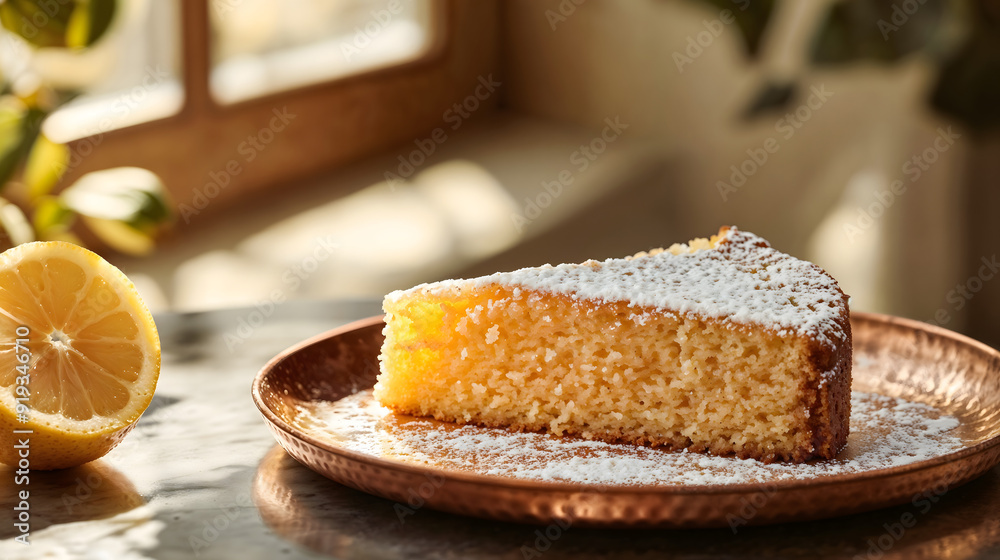 A slice of Lemon Drizzle cake on a copper plate, placed on a granite ...