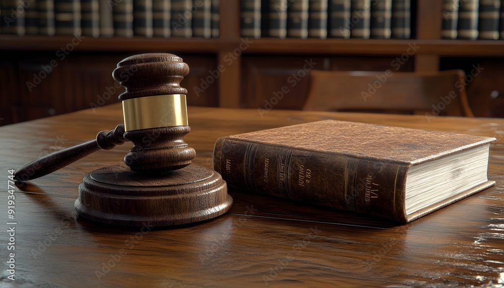 Gavel and book on table in office background, stock photo, commercial ...