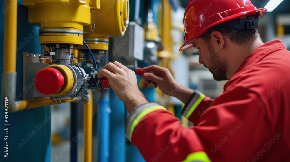Generate a photo realistic image of technicians testing fire safety ...