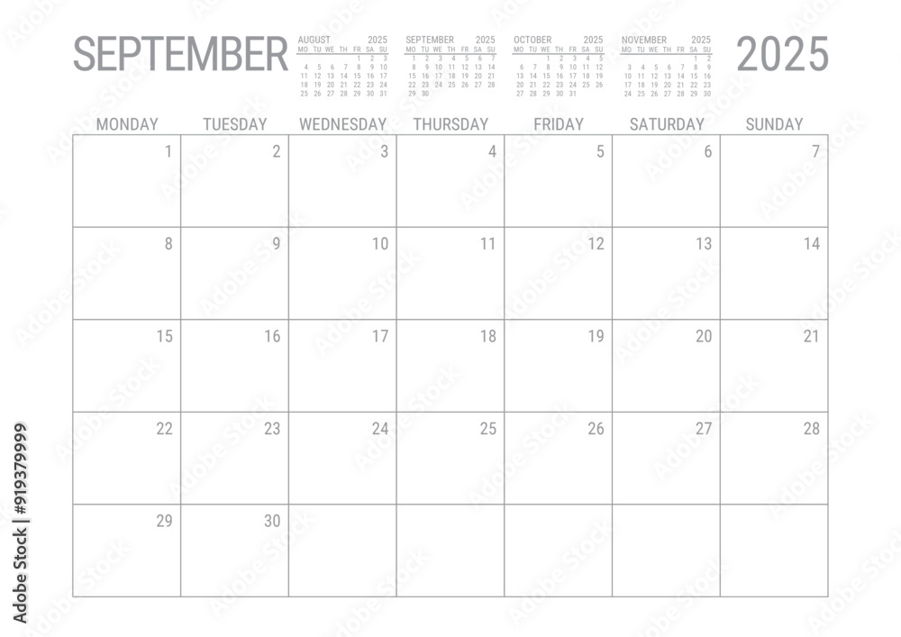 September Calendar 2025 Monthly Planner Printable A4 Monday Start Stock ...