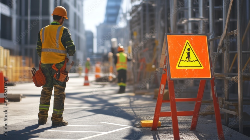 Generate a photo realistic image of workers installing safety signage ...