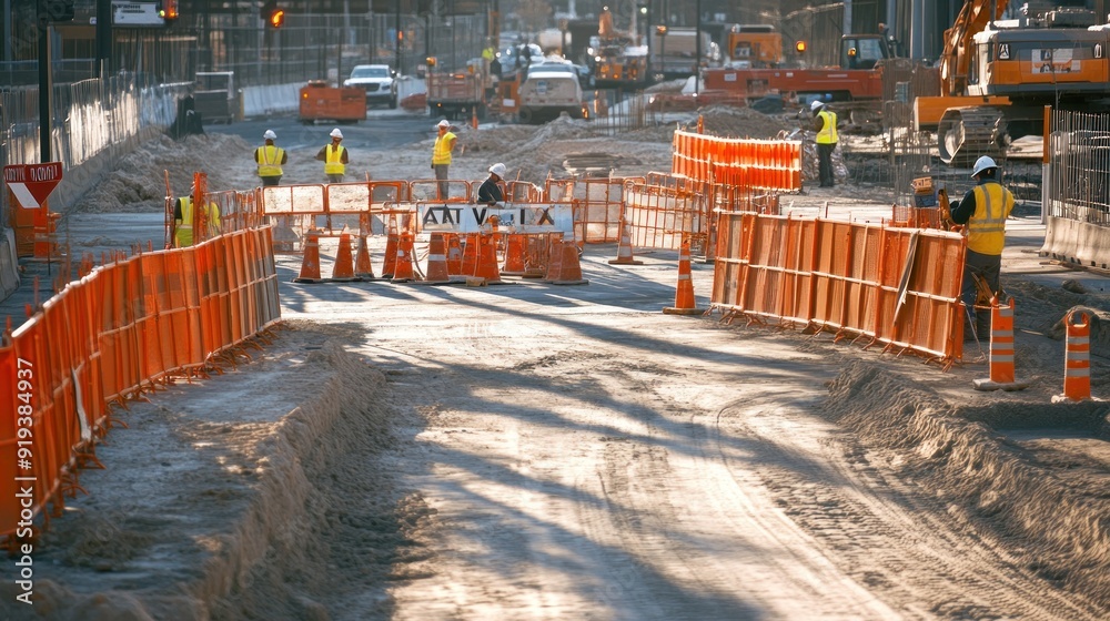 Generate a photo realistic image of workers installing safety barriers ...