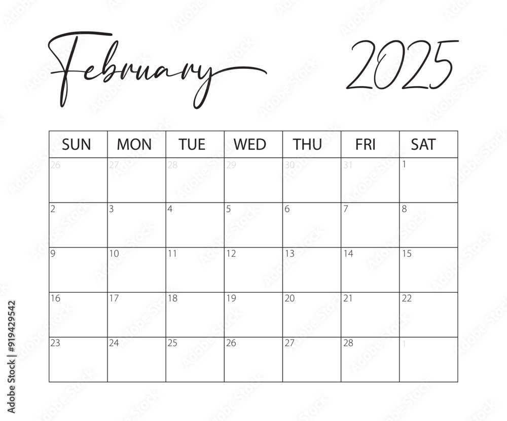 February 2025 Calendar. Vector calendar. Week starts sunday. Calendar ...