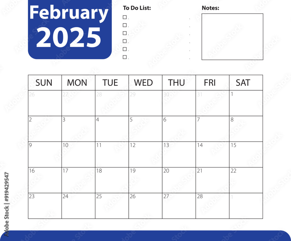 February 2025 Calendar. Vector calendar. Week starts sunday. Calendar ...