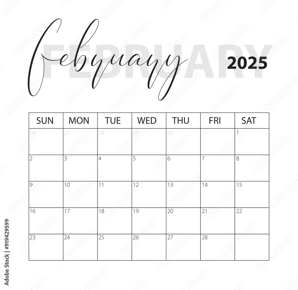 February 2025 Calendar. Vector calendar. Week starts sunday. Calendar ...