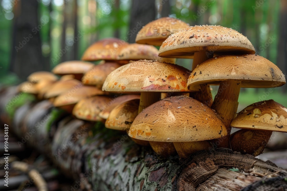 Mushroom logs stacked in an outdoor forest setting, with the natural ...