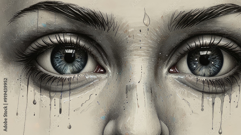A monochrome watercolor and pencil sketch of eyes on a white background ...
