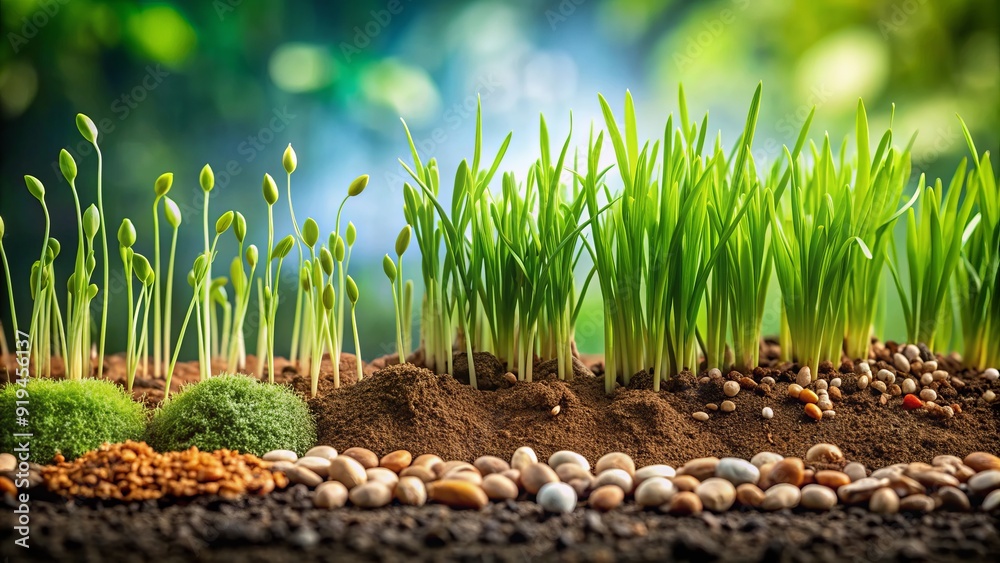 Freshly grown green grass with various types of seeds scattered on the ...