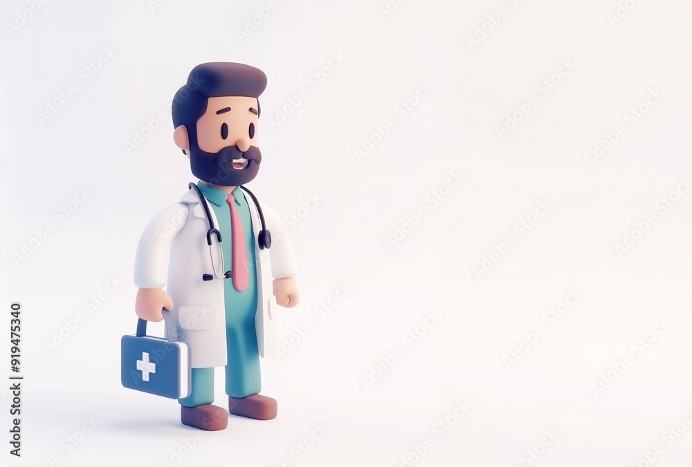 Cartoon doctor character in presenting or welcoming pose. Male medic ...