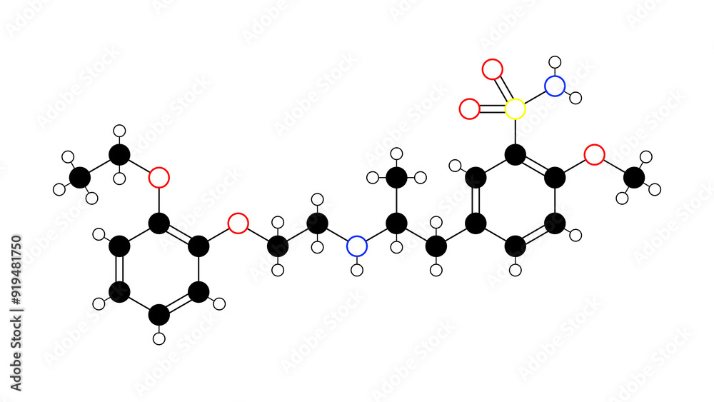 tamsulosin molecule, structural chemical formula, ball-and-stick model ...