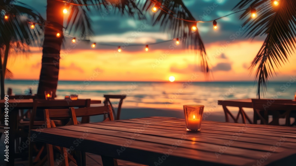 Tropical summer sunset beach bar background. Outdoor restaurant, Led ...
