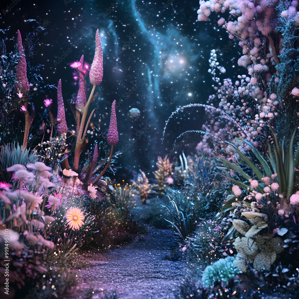 A vibrant underwater scene of a coral reef at night, showcasing ...