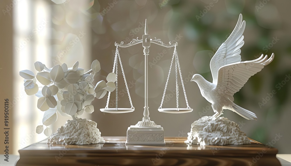 Symbolic balance scale, white dove, and flowers. Representing peace ...