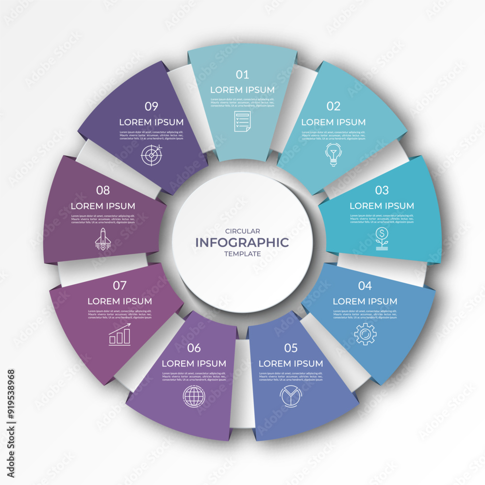 Infographic circular diagram with 9 options, parts. Nine-step process chart with colorful ...