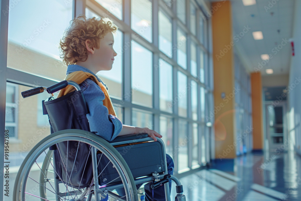Portrait of disabled young pupil student in wheelchair looking out of ...