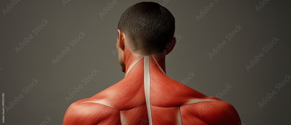 Detailed view of the skin on the back with the underlying trapezius ...