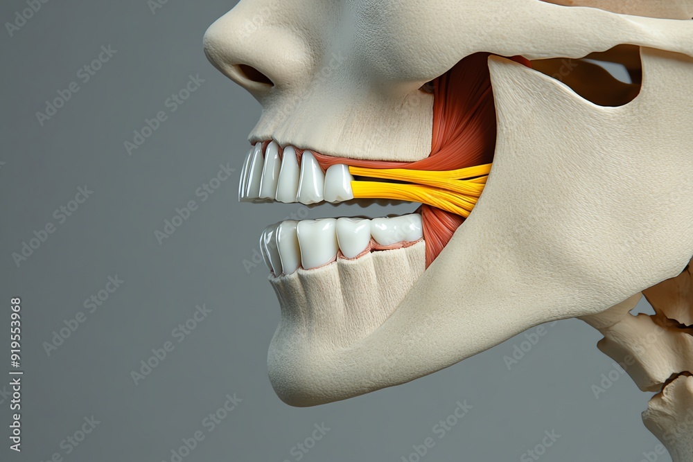 Closeup of the mandible with the mental nerve emerging from the mental ...