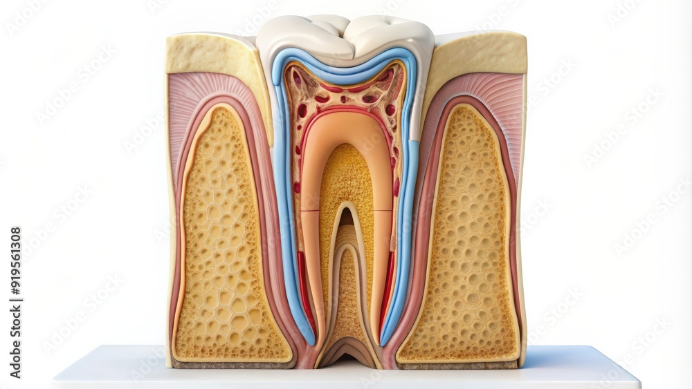 Cross section of human tooth showing enamel, dentin, pulp, and roots ...