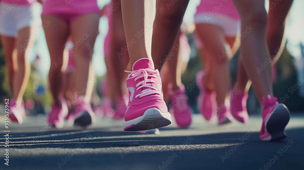 Women running together in pink shoes at a breast cancer awareness ...