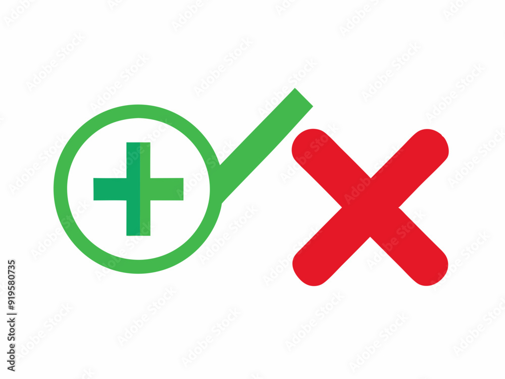 Sign green tick and red cross. Checking handwriting symbols, positive ...