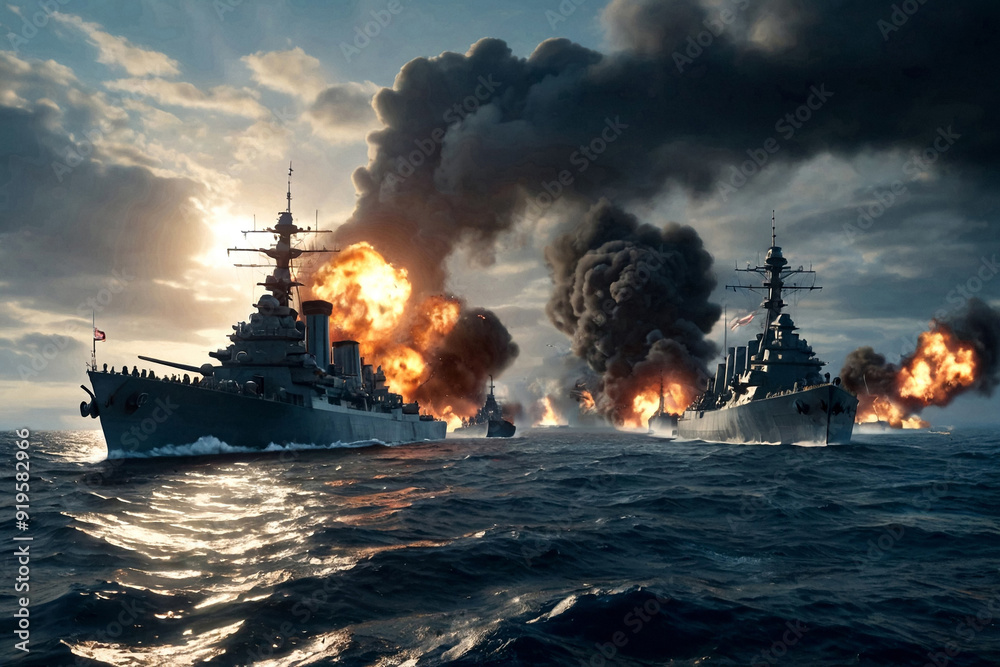 Scene of naval war on open ocean by battleships, fire and intense ...