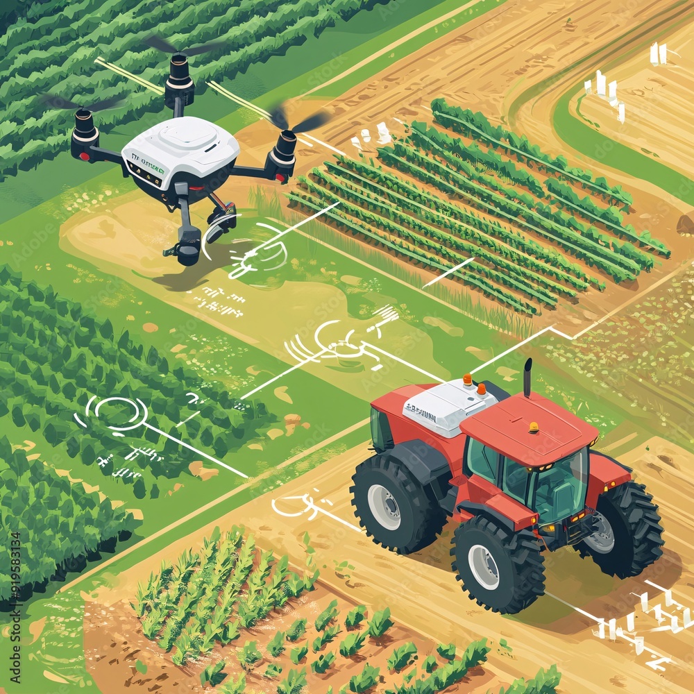 Illustrates a smart farm where autonomous tractors and drones work ...