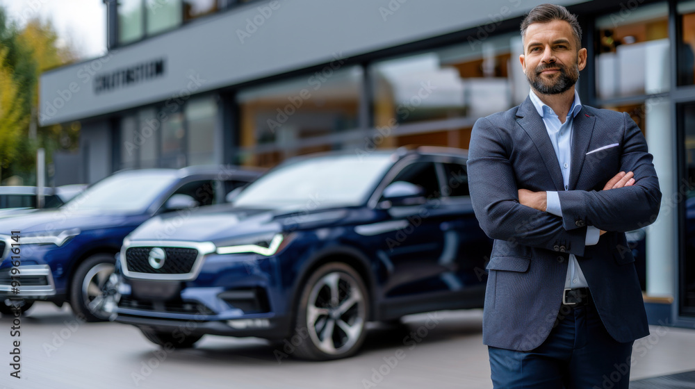 Confident car salesman stands proudly with arms crossed in front of new ...
