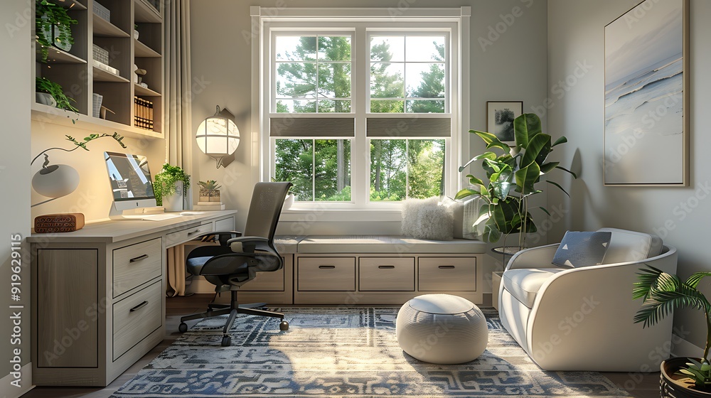 A stylish remote work hub with an ergonomic chair, a modern desk with ...