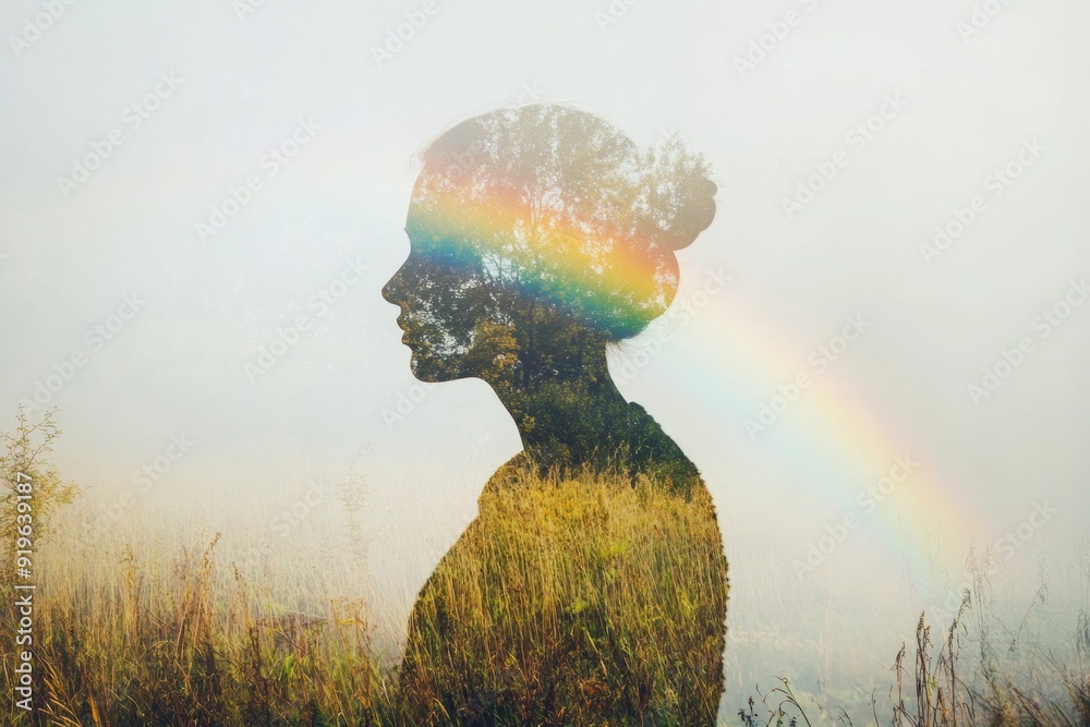Double exposure photography of a person with a rainbow over a field ...