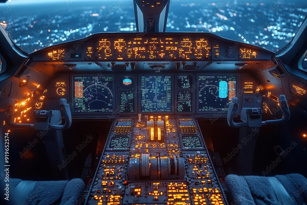 detailed view of a modern aircraft cockpit hightech displays and controls illuminate the flight ...