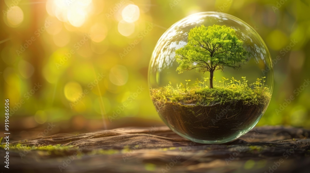 Glass sphere and green tree inside on nature background. Earth Day ...