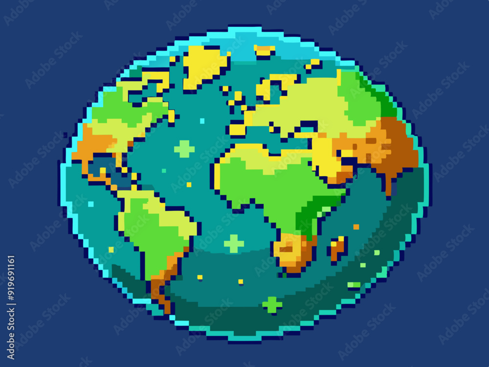Pixel Earth. Globe world map in color and silhouette pixel art 8 bit ...