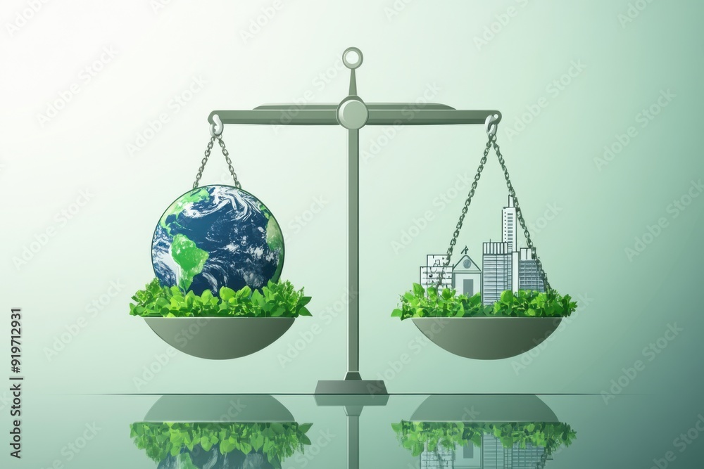 A balance scale with the Earth on one side and industry symbols on the ...