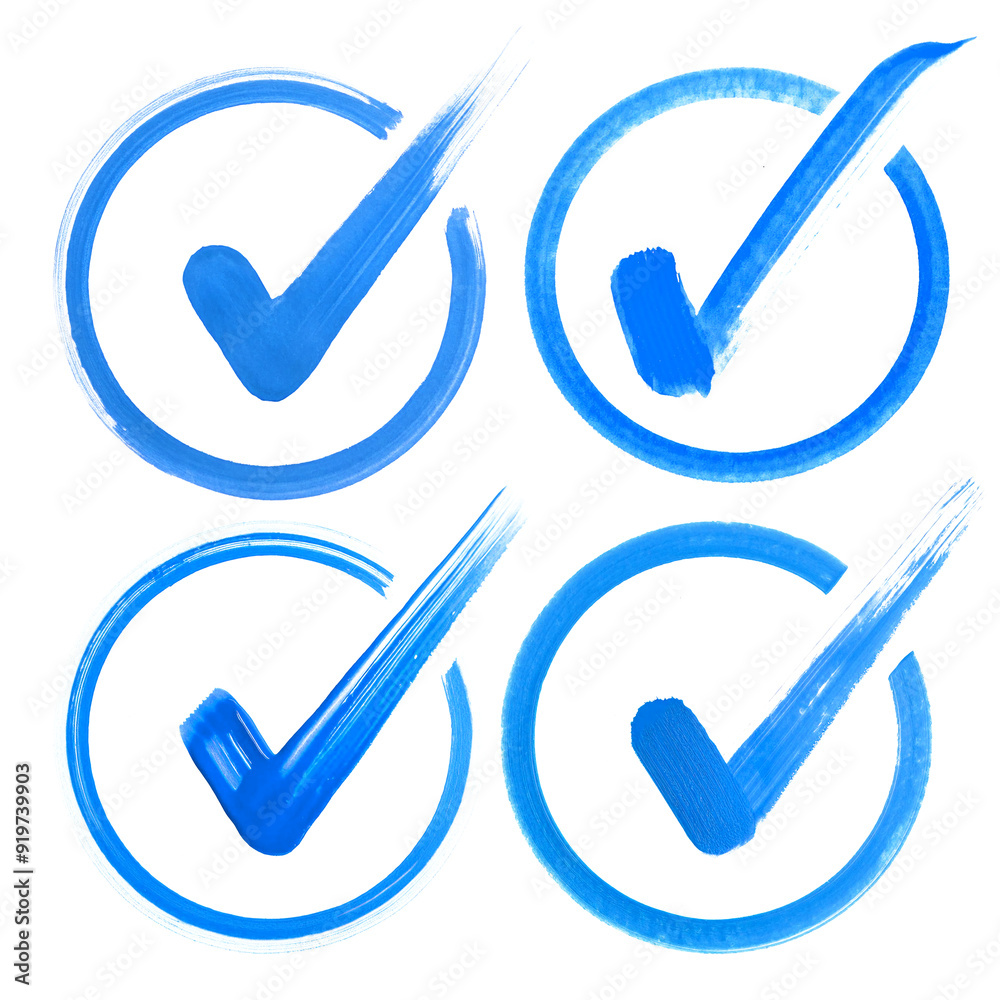 collection of blue watercolor brush stroke painted check mark inside a circle transparent ...